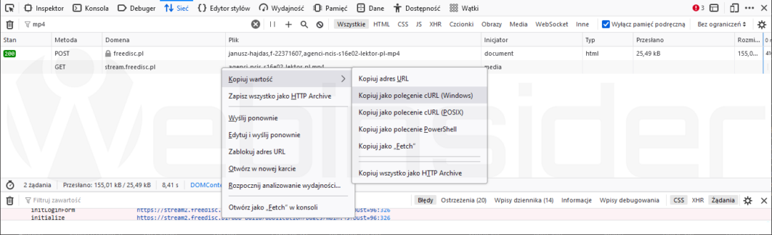 Pobieranie filmów z serwisu Freedisc.pl za pomocą narzędzi dla deweloperów i odpowiedniego ...