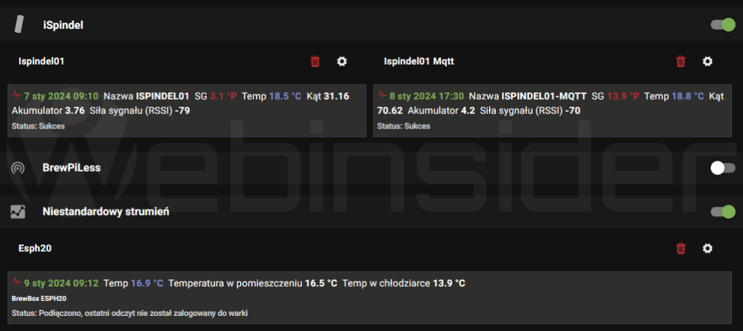Urządzenie iSpindel wysyła po MQTT dane do Home Assistant, a ten po HTTP wysyła je do Brewfather ...